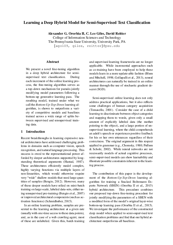 Pdf Learning A Deep Hybrid Model For Semi Supervised Text Classification
