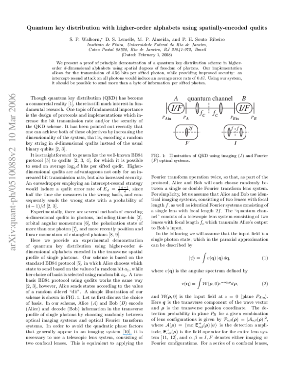 (PDF) Quantum Key Distribution with Higher-Order Alphabets Using Spatially Encoded Qudits