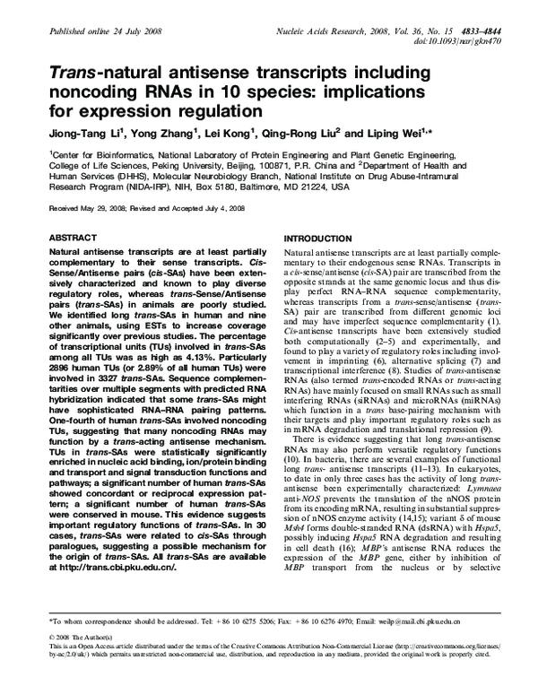 (PDF) Trans-natural antisense transcripts including noncoding RNAs in ...
