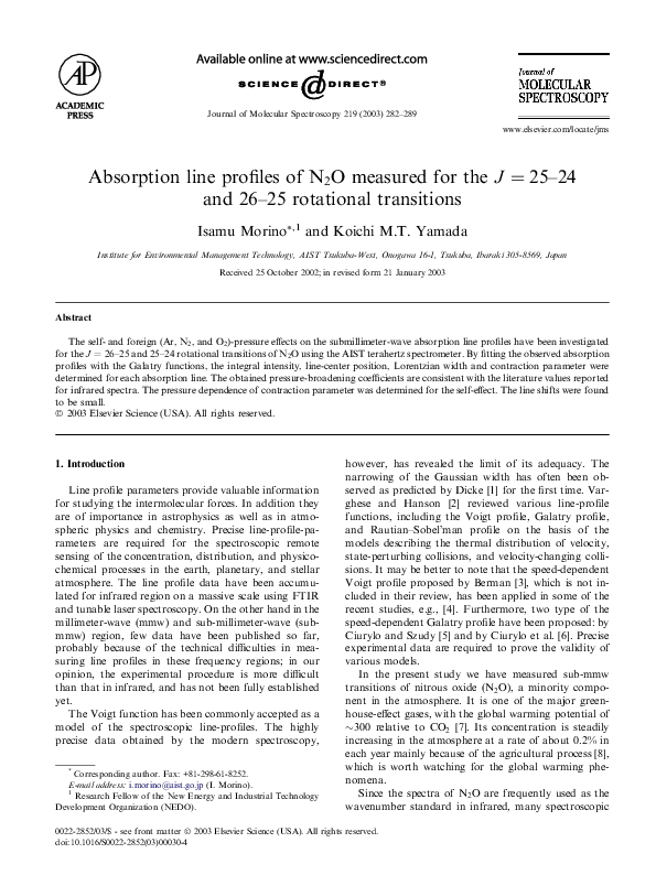 (PDF) Absorption line profiles of N2O measured for the J=25–24 and 26 ...