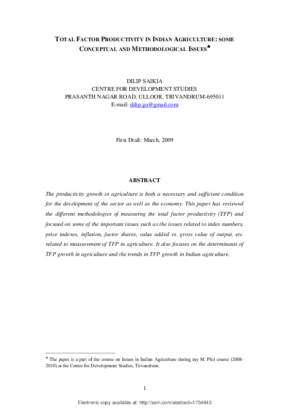 (PDF) Total Factor Productivity in Indian Agriculture: Some Conceptual and Methodological Issues