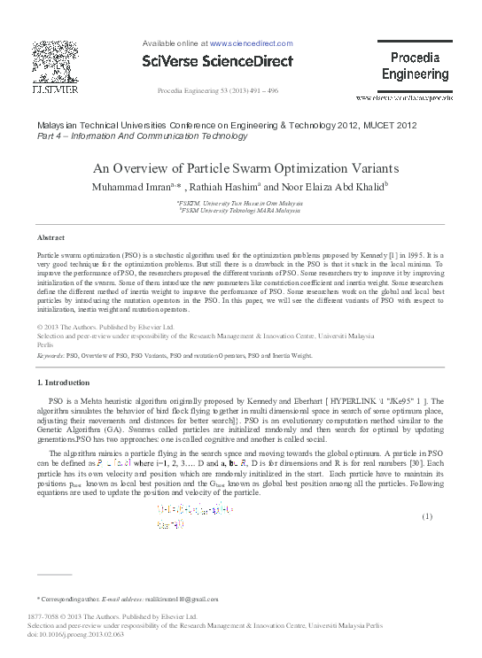 (PDF) An Overview of Particle Swarm Optimization Variants