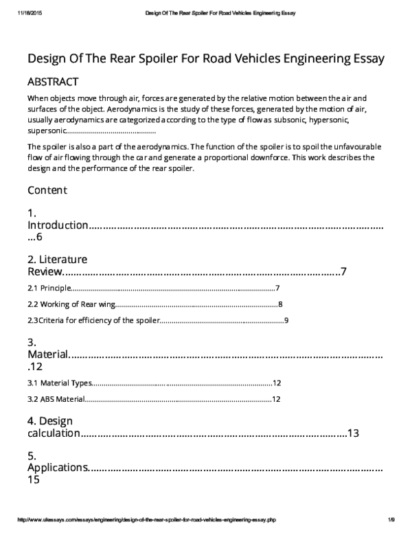 (PDF) Design Of The Rear Spoiler For Road Vehicles Engineering Essay