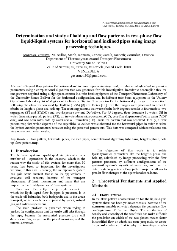 (PDF) Determination and study of hold up and flow patterns in two-phase flow liquid-liquid ...