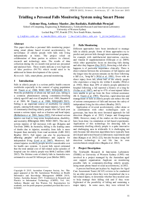 (PDF) Trialling a Personal Falls Monitoring System using Smart Phone