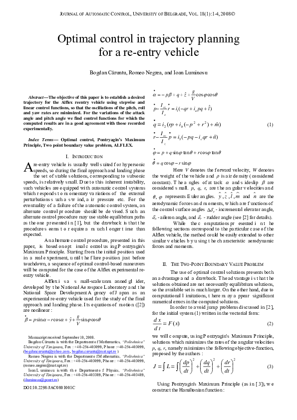 (PDF) Optimal control in trajectory planning for a re-entry vehicle