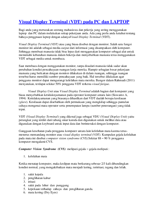 (PDF) Visual Display Terminal (VDT) pada PC dan LAPTOP