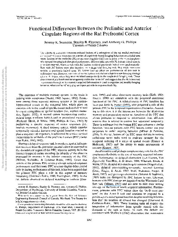 Pdf Functional Differences Between The Prelimbic And Anterior Cingulate Regions Of The Rat
