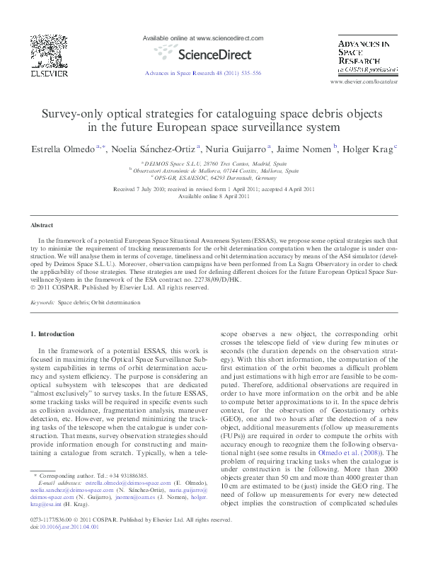 Pdf Survey Only Optical Strategies For Cataloguing Space Debris Objects In The Future European