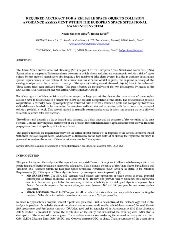 Pdf Required Accuracy For A Reliable Space Objects Collision Avoidance Assessment Within The