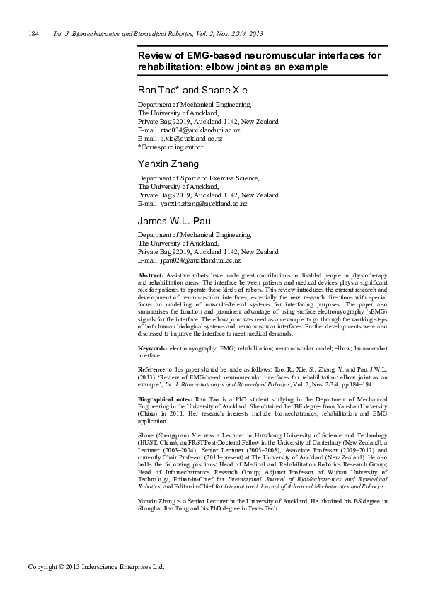 (PDF) Review of EMG-based neuromuscular interfaces for rehabilitation ...