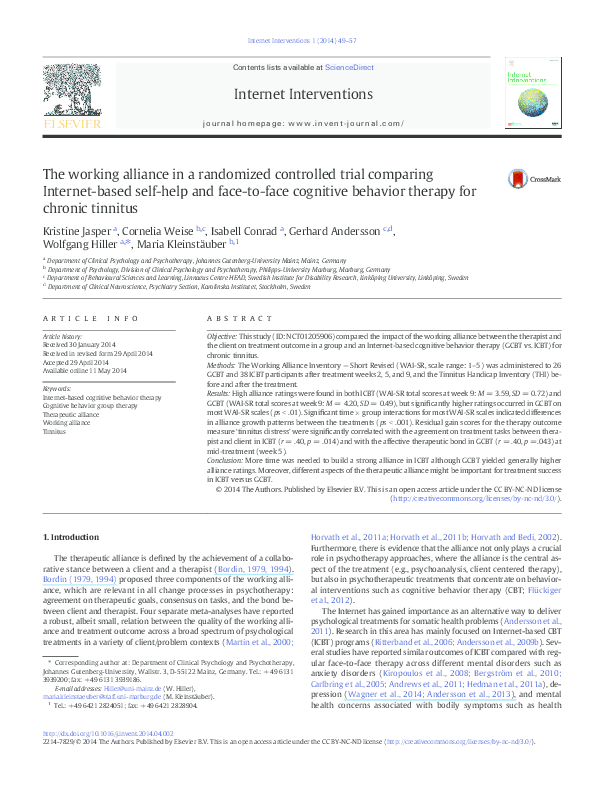 (PDF) The working alliance in a randomized controlled trial comparing online with face-to-face ...