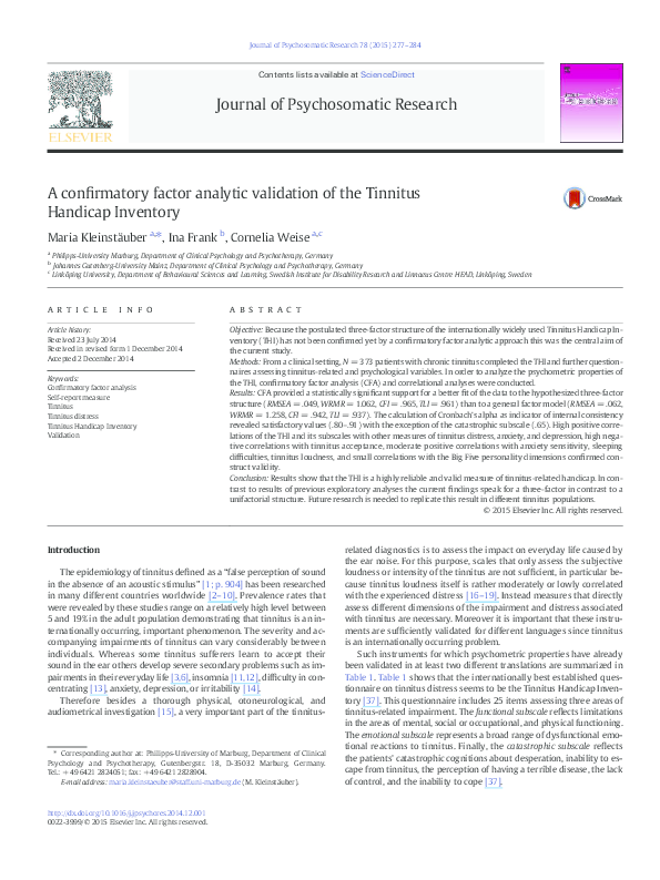 (PDF) A confirmatory factor analytic validation of the Tinnitus ...