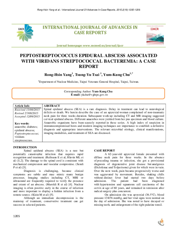 (PDF) Peptostreptococcus epidural abscess associated with viridans streptococcal bacteremia: a ...