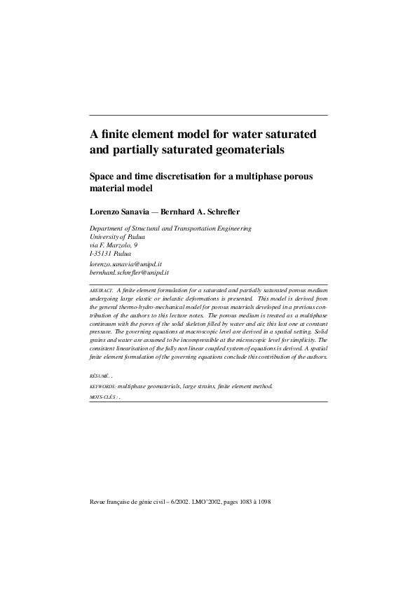 Pdf A Finite Element Model For Water Saturated And Partially Saturated Geomaterials Bernhard