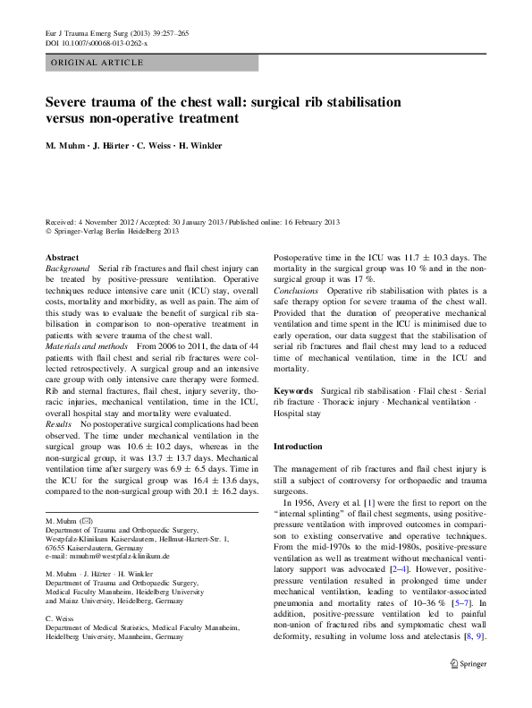 (PDF) Severe trauma of the chest wall: surgical rib stabilisation ...