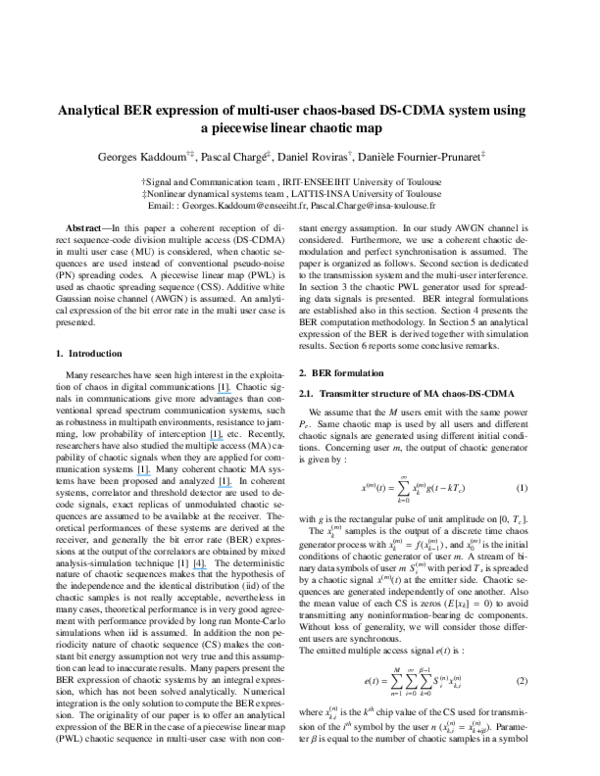 Pdf Analytical Ber Expression Of Multi User Chaos Based Ds Cdma System Using A Piecewise
