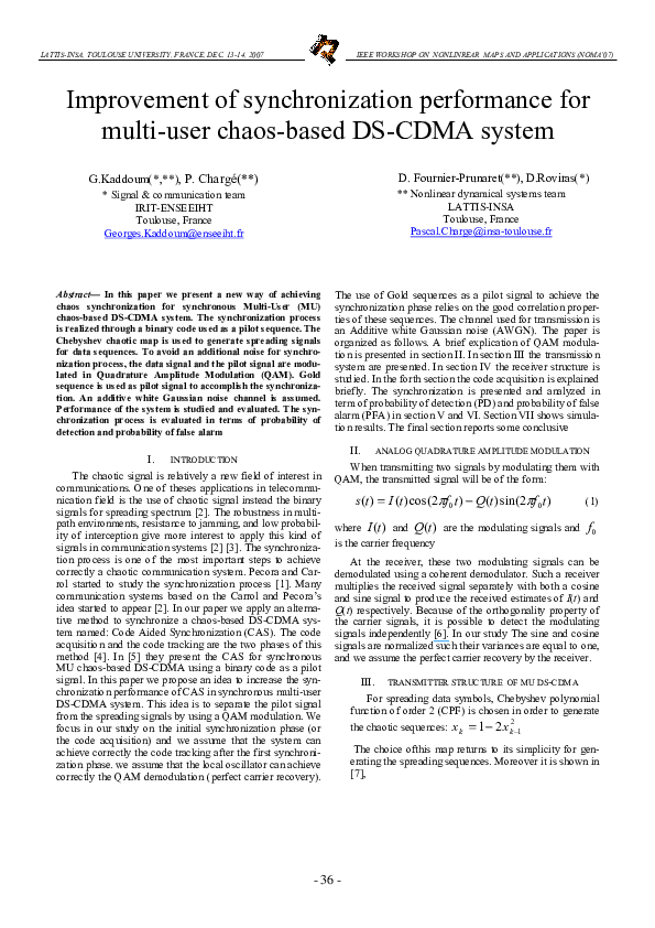 Pdf Improvement Of Synchronization Performance For Multi User Chaos Based Ds Cdma System