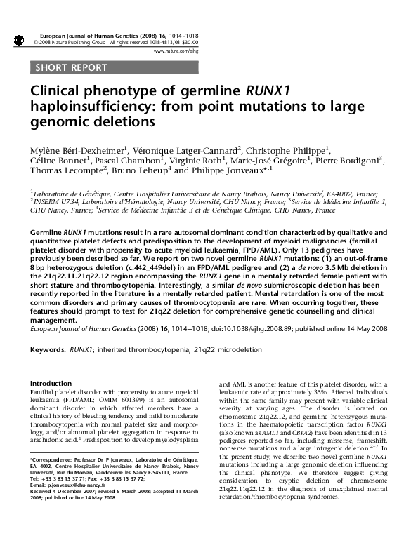 Pdf Clinical Phenotype Of Germline Runx1 Haploinsufficiency From