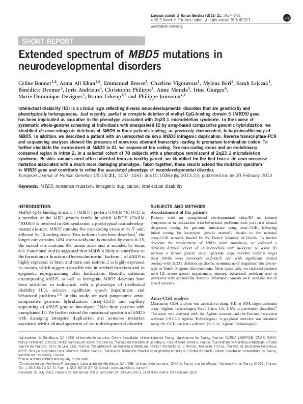 (PDF) Extended spectrum of MBD5 mutations in neurodevelopmental disorders