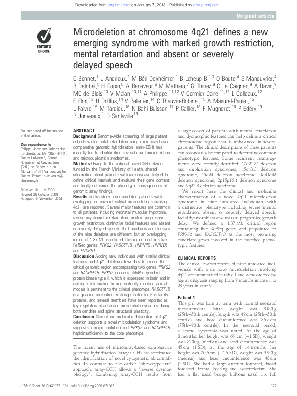 (PDF) Microdeletion at chromosome 4q21 defines a new emerging syndrome ...
