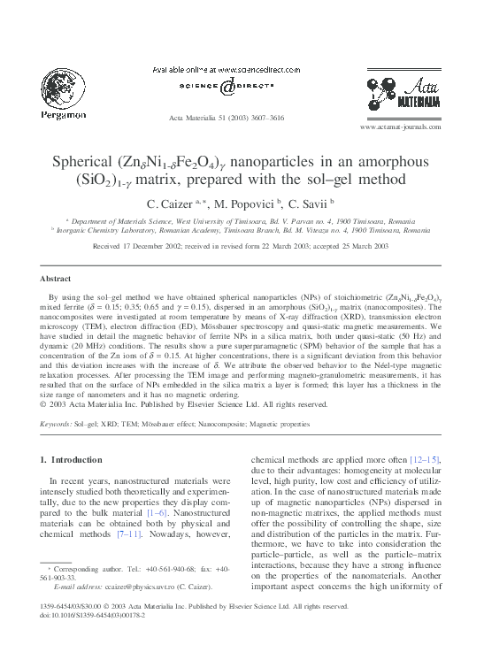 (PDF) Spherical (ZnδNi1-δFe2O4)γ nanoparticles in an amorphous (SiO2)1-γ matrix, prepared with ...