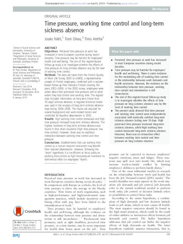 (PDF) Time pressure, working time control and long-term sickness ...