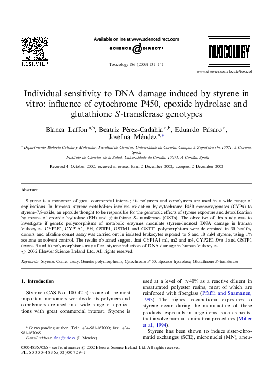 (PDF) Individual sensitivity to DNA damage induced by styrene in vitro: influence of cytochrome ...