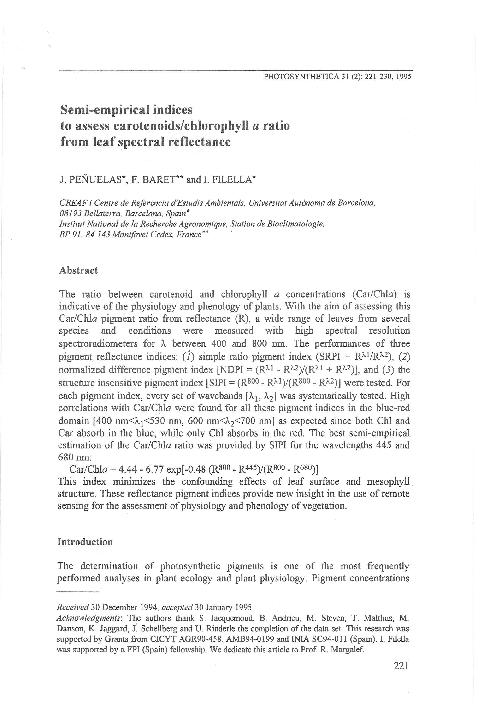 (PDF) Semi-empirical indices to assess carotenoids/chlorophyll a ratio from leaf spectral ...
