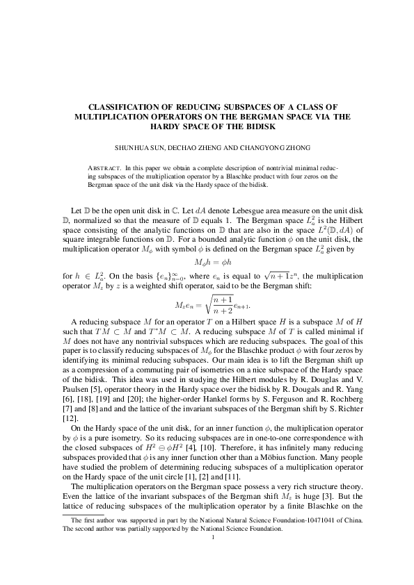 Pdf Classification Of Reducing Subspaces Of A Class Of Multiplication