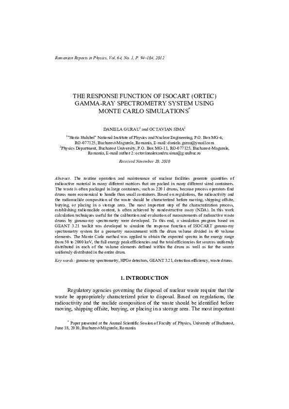 (PDF) THE RESPONSE FUNCTION OF ISOCART (ORTEC) GAMMA-RAY SPECTROMETRY ...