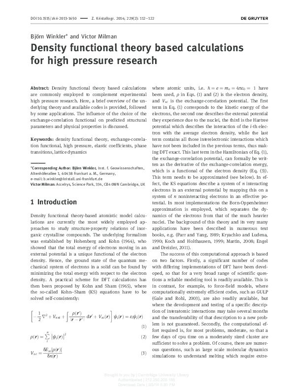 Pdf Density Functional Theory Based Calculations For High Pressure
