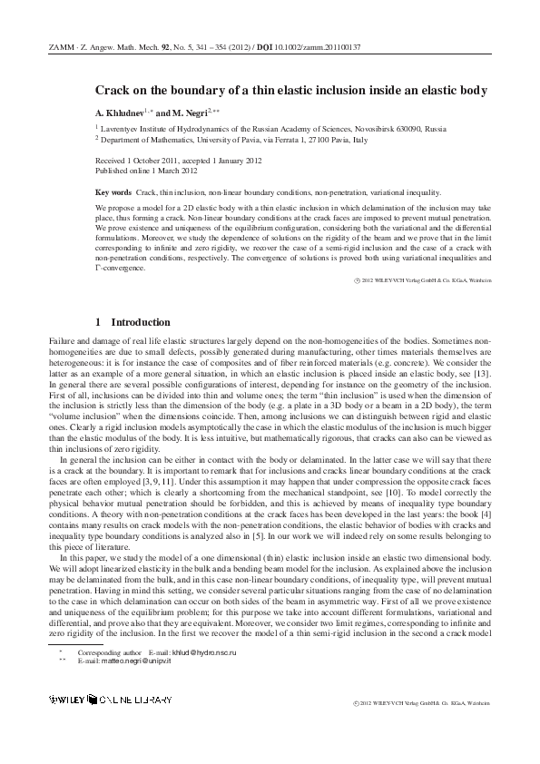 (PDF) Crack on the boundary of a thin elastic inclusion inside an elastic body