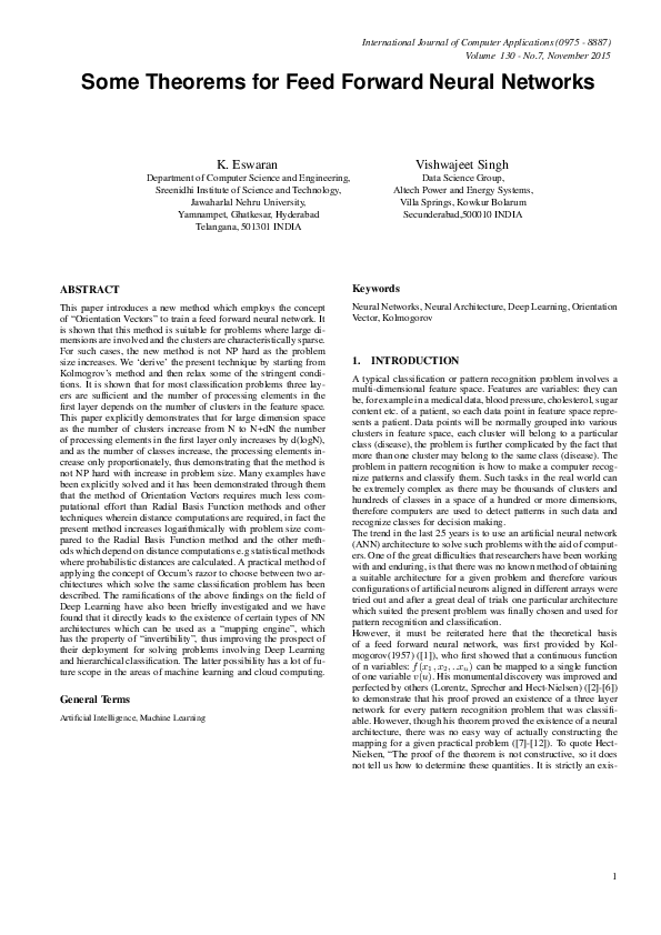 (PDF) Some Theorems for Feed Forward Neural Networks