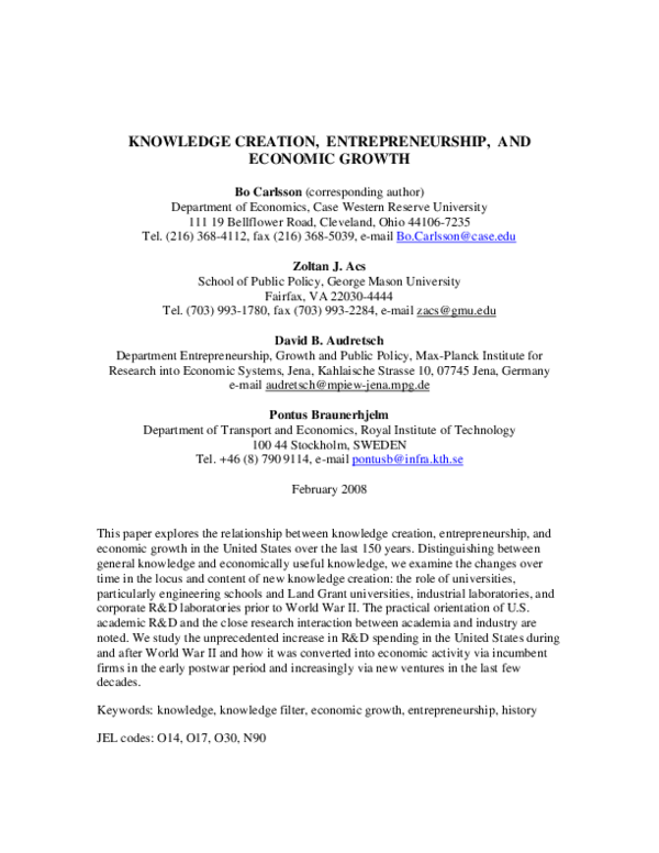 (PDF) KNOWLEDGE CREATION, ENTREPRENEURSHIP, AND ECONOMIC GROWTH