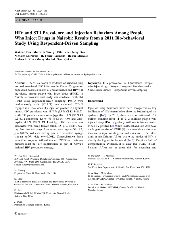 (PDF) HIV and STI Prevalence and Injection Behaviors Among People Who ...
