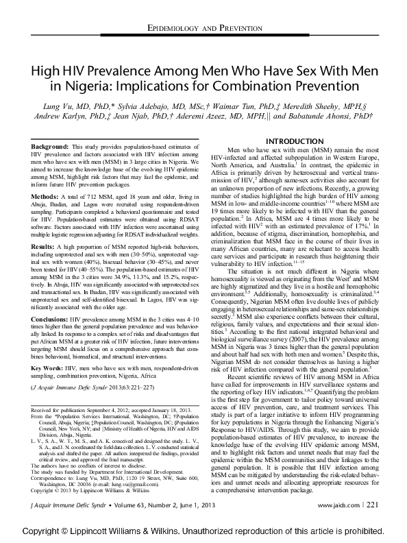 (PDF) High HIV Prevalence among Men who Have Sex with Men in Nigeria ...