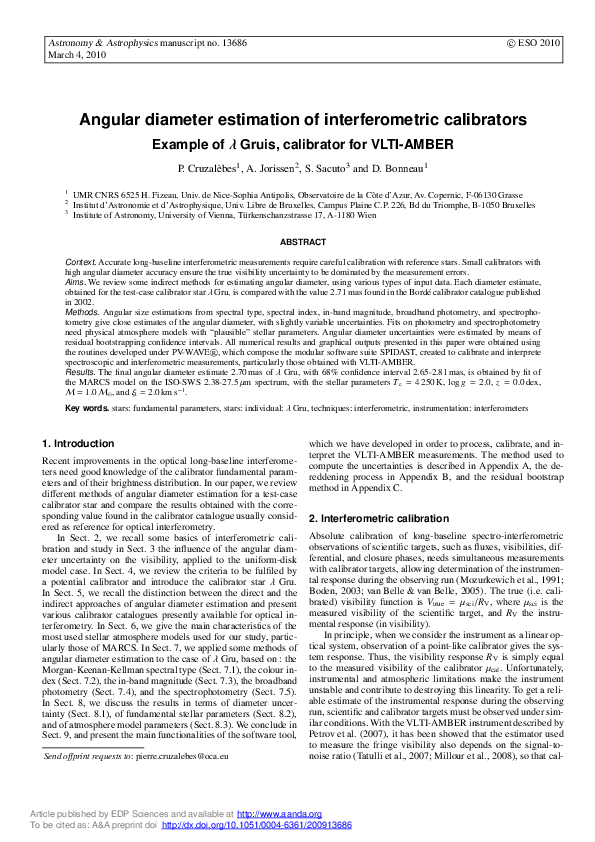 (PDF) Angular diameter estimation of interferometric calibrators - Example of lambda Gruis ...