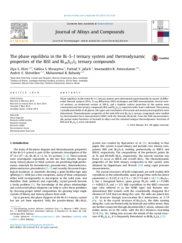 (PDF) The phase equilibria in the Bi–S–I ternary system and thermodynamic properties of the BiSI ...