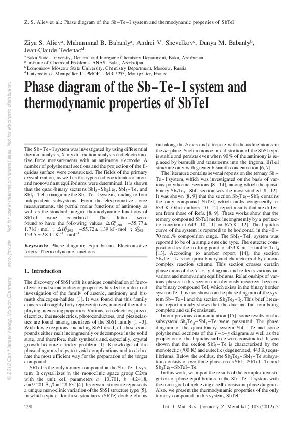 (PDF) Phase diagram of the Sb–Te–I system and thermodynamic properties ...
