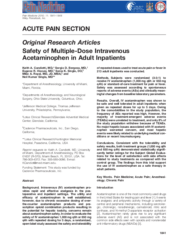 (PDF) Safety of Multiple-Dose Intravenous Acetaminophen in Adult Inpatients
