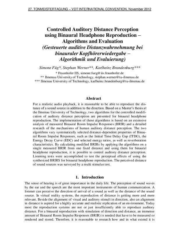 (PDF) Controlled Auditory Distance Perception using Binaural Headphone Reproduction – Algorithms ...