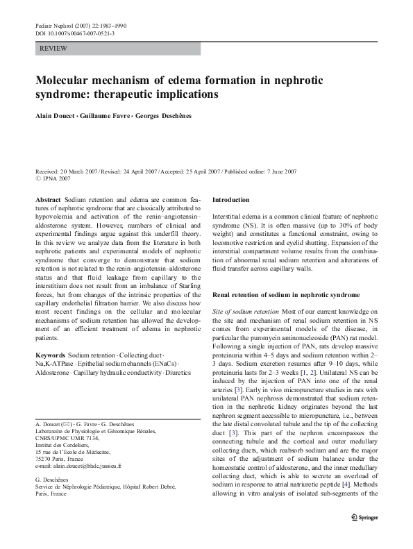 (PDF) Molecular mechanism of edema formation in nephrotic syndrome ...