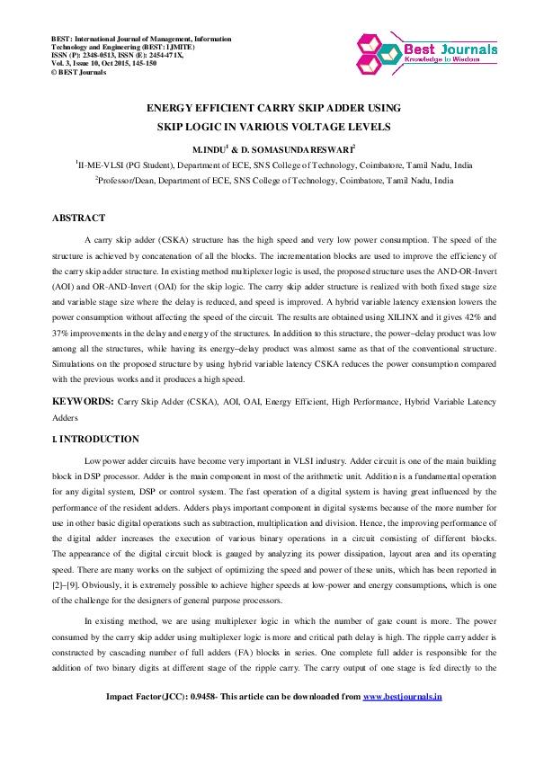 Pdf Energy Efficient Carry Skip Adder Using Skip Logic In Various