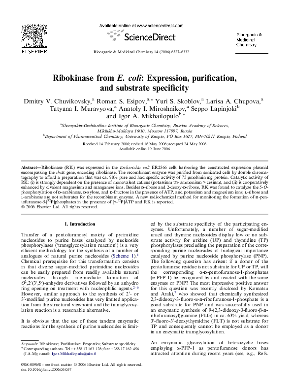 (PDF) Ribokinase from E. coli: Expression, purification, and substrate ...