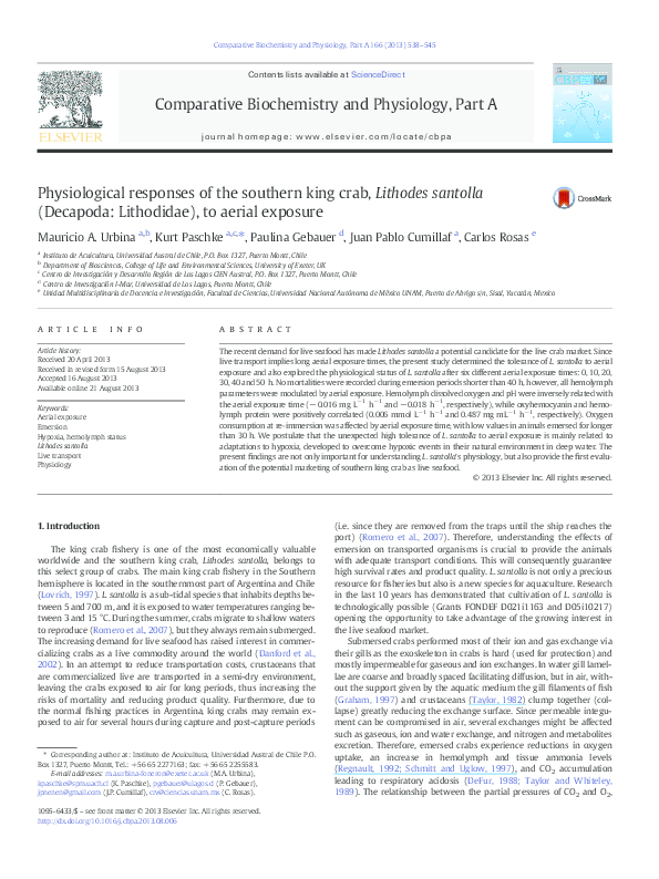 (PDF) Physiological responses of the southern king crab, Lithodes ...