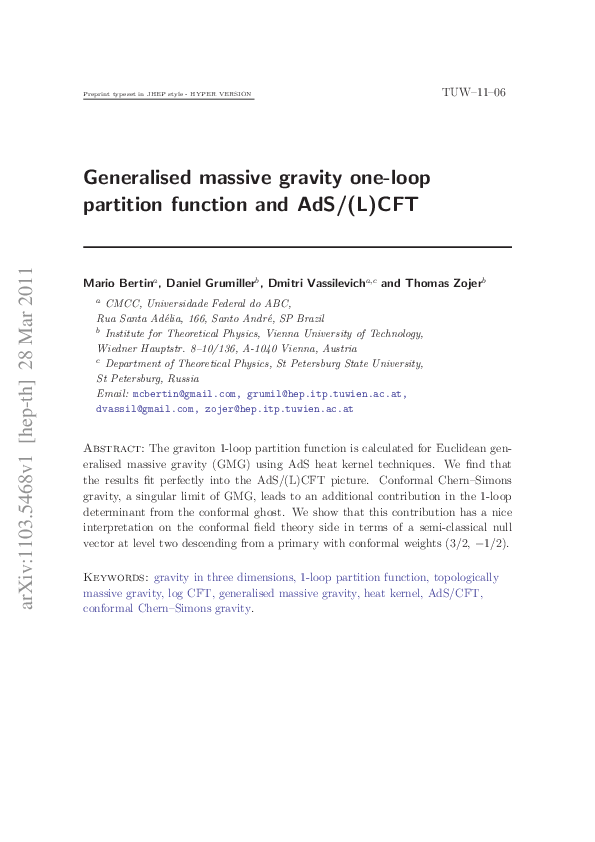 Pdf Generalised Massive Gravity One Loop Partition Function And Ads
