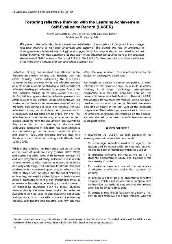 (PDF) Fostering Reflective Thinking with the Learning Achievement Self ...