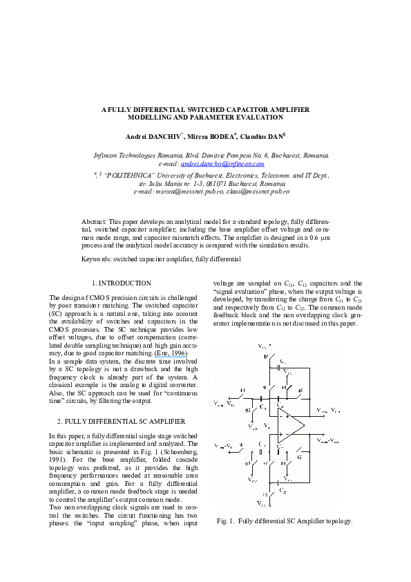 (PDF) A FULLY DIFFERENTIAL SWITCHED CAPACITOR AMPLIFIER MODELLING AND PARAMETER EVALUATION