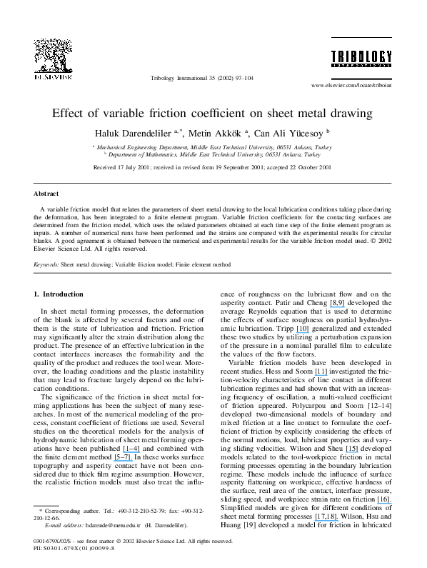 (PDF) Effect of variable friction coefficient on sheet metal drawing